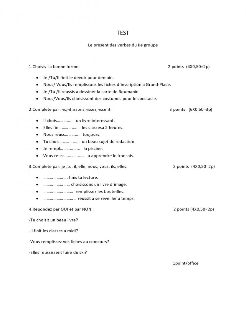 Test _ les verbes du II-eme groupe | EduȘcoală